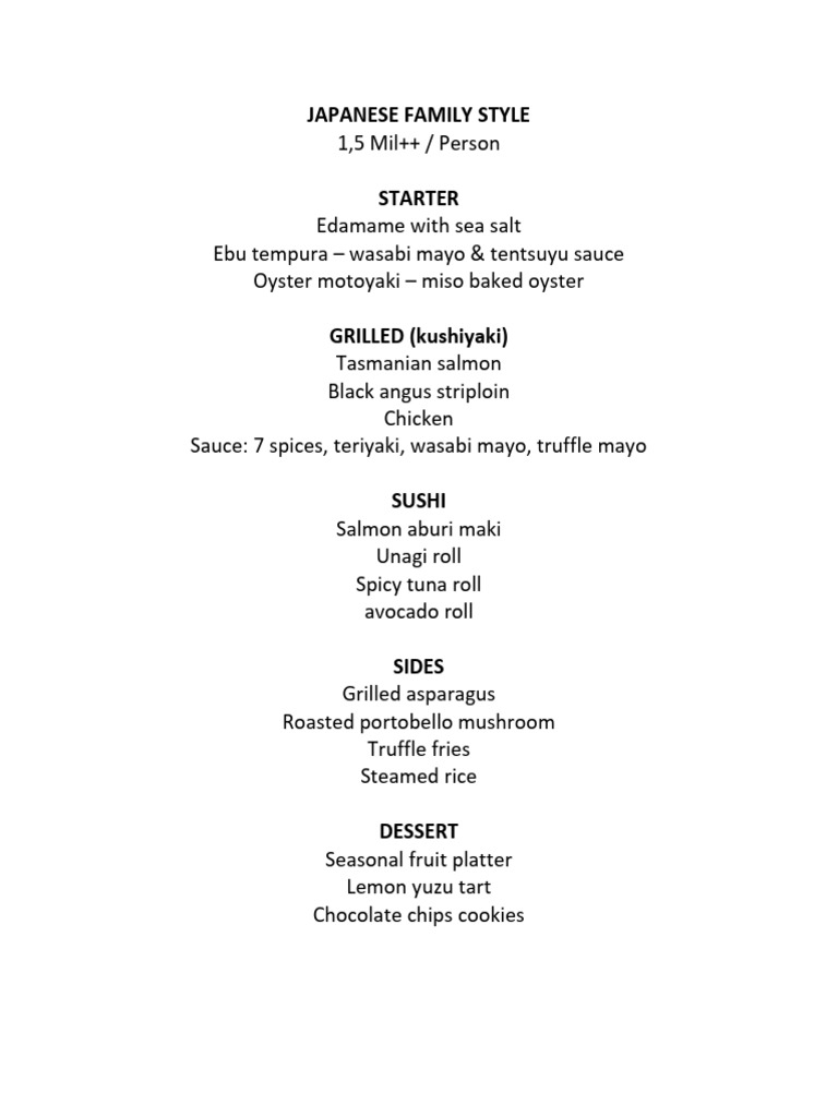 Japanese Family Style Menu | PDF | Cooking, Food & Wine