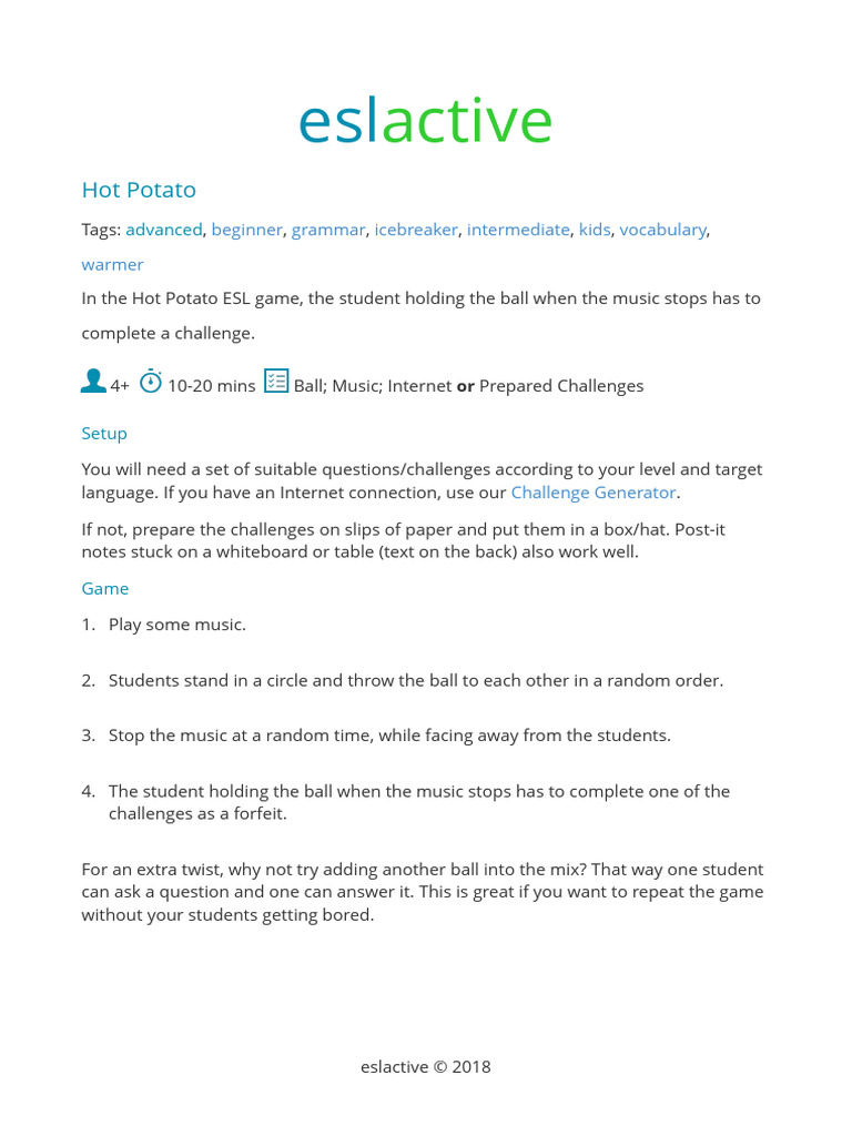 Hot Potato ESL Game Instructions | PDF