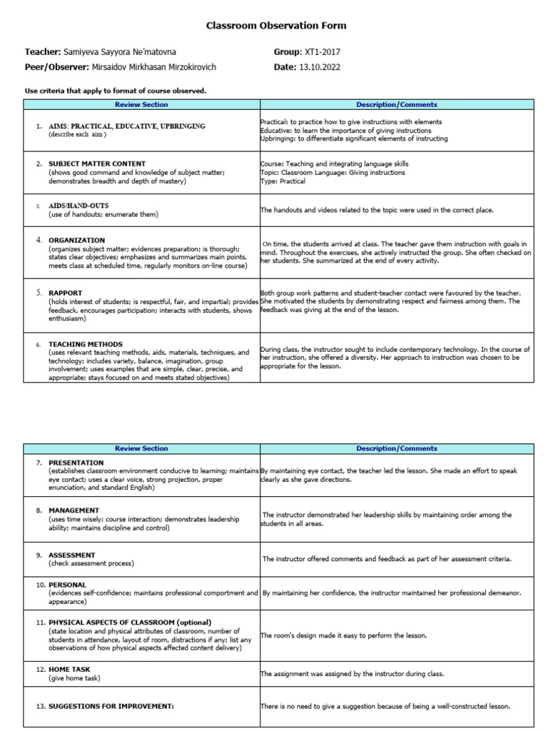 Classroom Observation Form | PDF | Teachers | Teaching Method