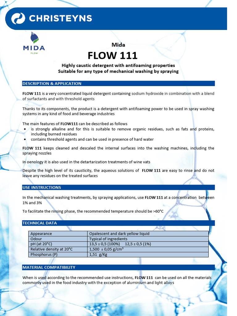 Caustic Detergent FLOW 111 for Food Industry | PDF | Sodium Hydroxide ...