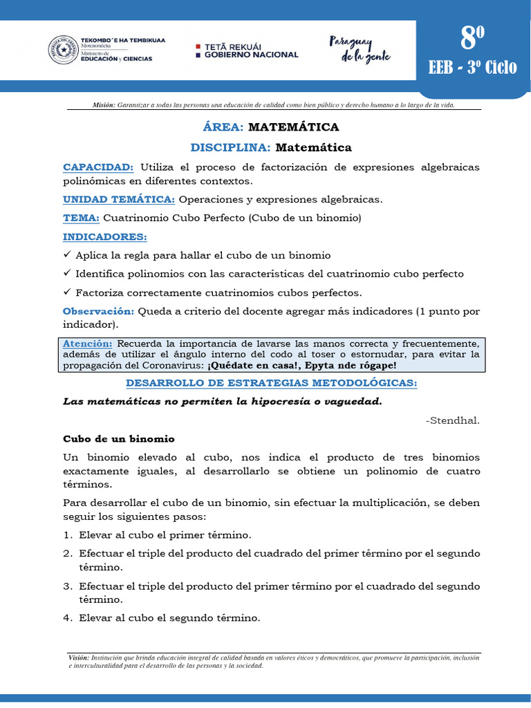Cuatrinomio Cubo Perfecto: Guía 8º EEB | PDF | Factorización | Integral