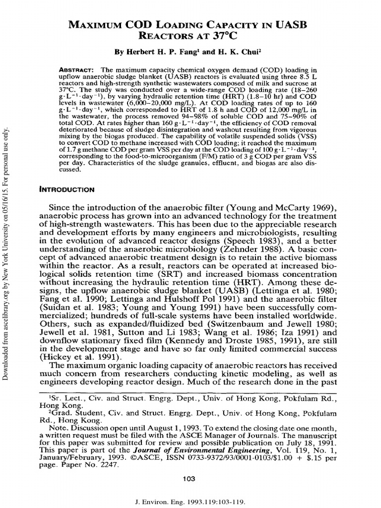 Maximum COD Loading Capacity in UASB Reactors at 37 C | PDF