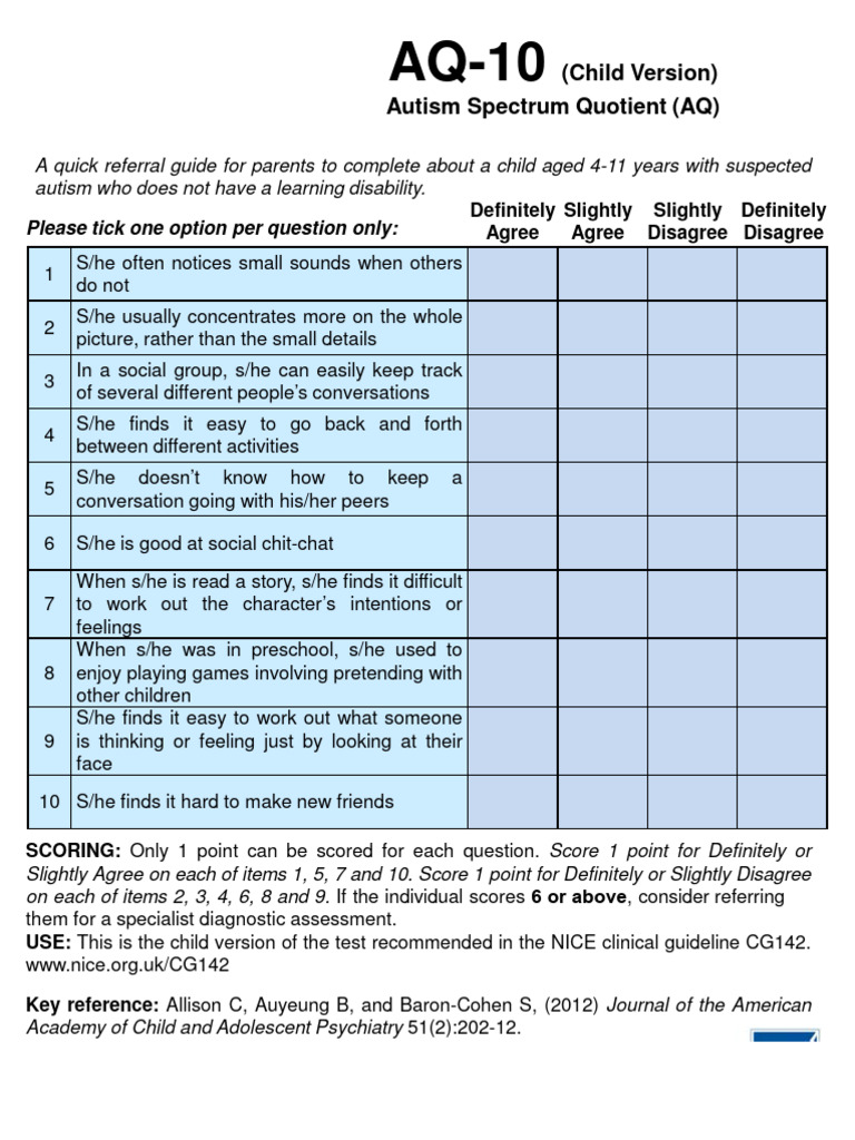 Guía rápida del test AQ-10 para niños | PDF