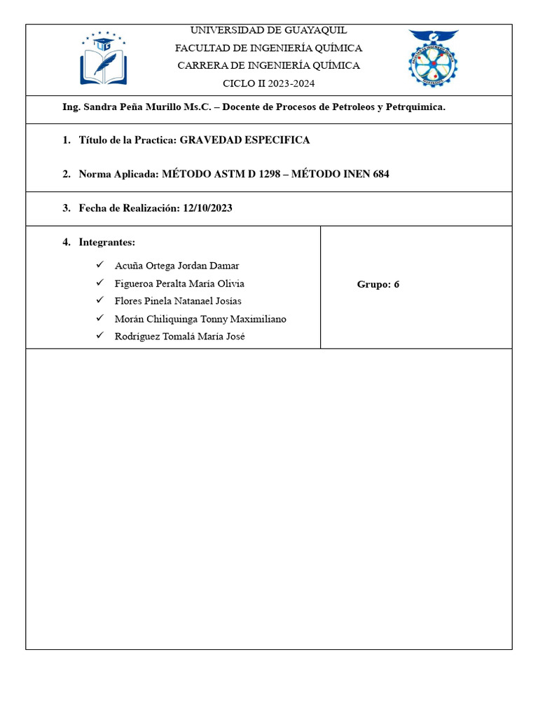 Informe 1 Gravedad Especifica Grados API | PDF