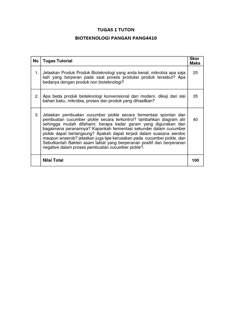 Tugas 1 Tuton Bioteknologi Pangan PANG4410 | PDF