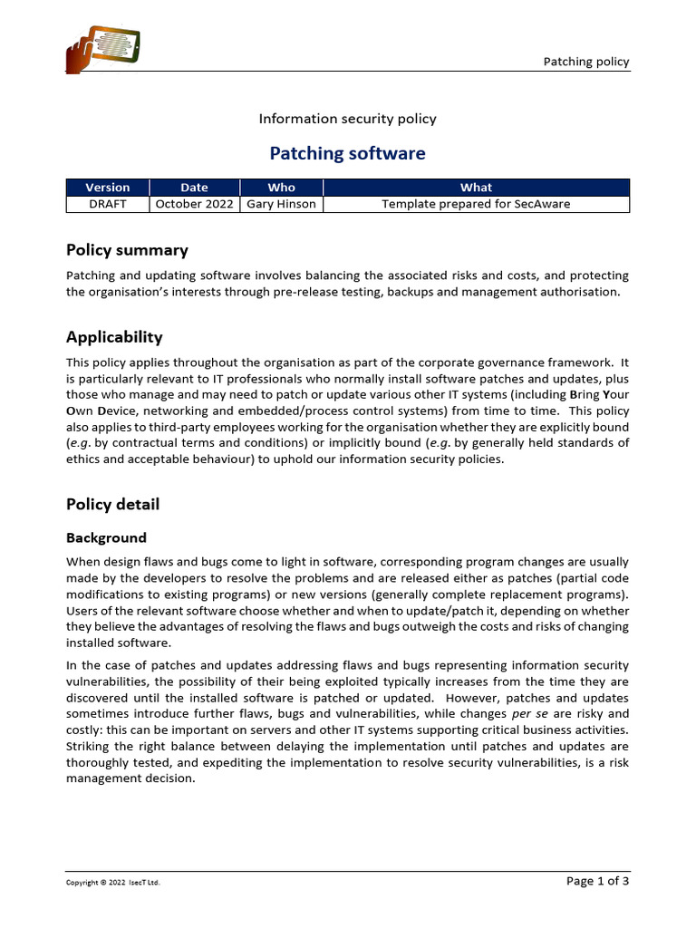 FREE SecAware ISMS Template Policy On Patching Software | PDF | Information Security ...