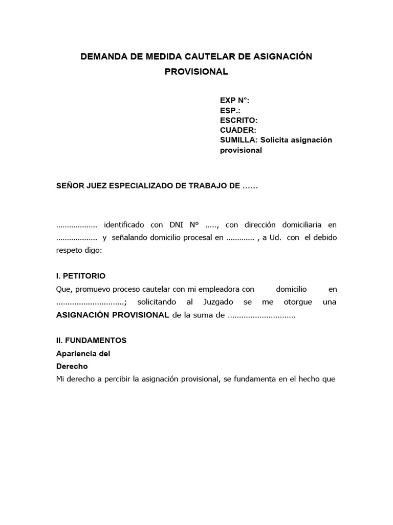 Demanda de Medida Cautelar de Asignación Provisional | PDF | Demanda ...