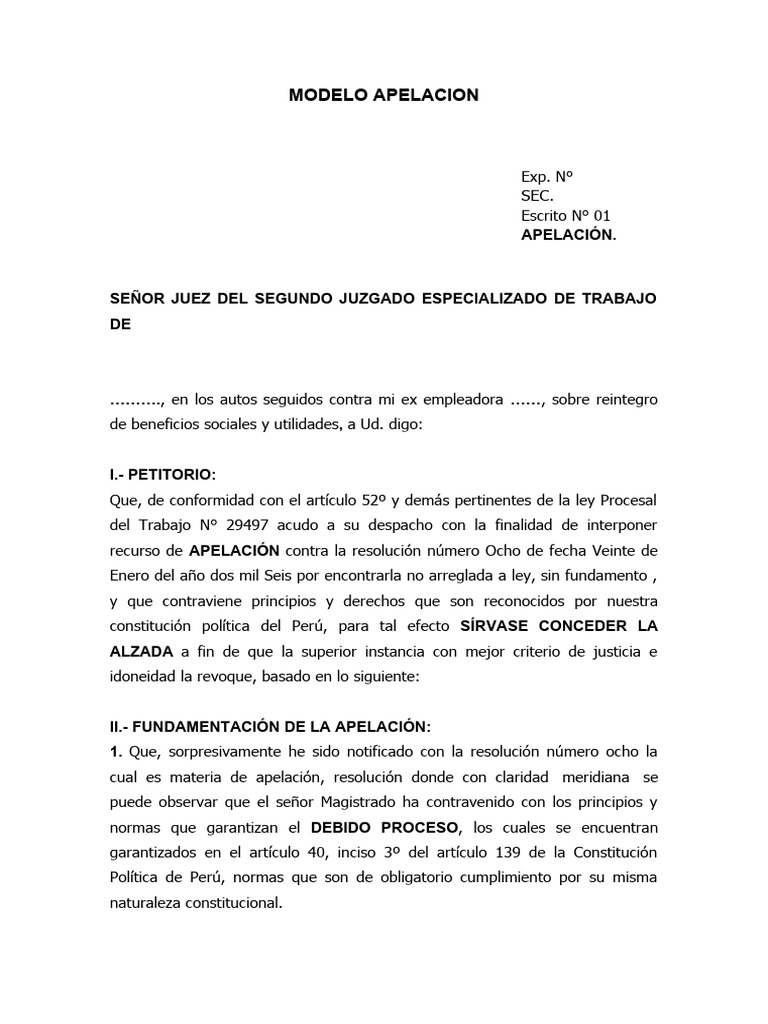 Modelo Apelacion | PDF | Debido al proceso | Caso de ley