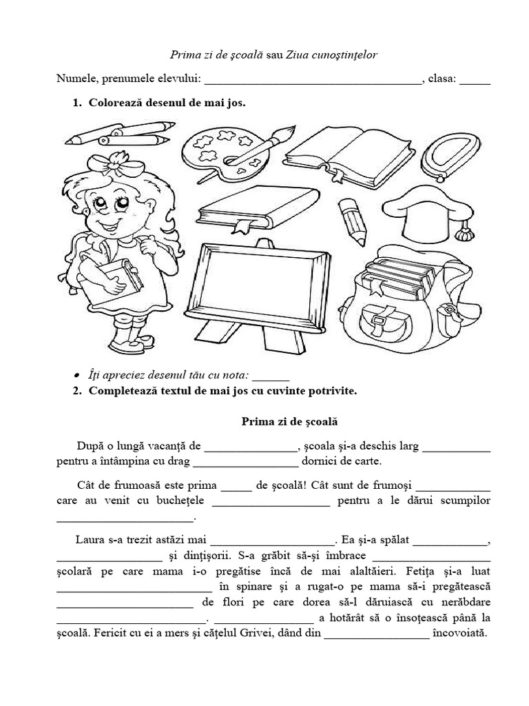 Fisa de Lucru Prima Zi de Scoala | PDF