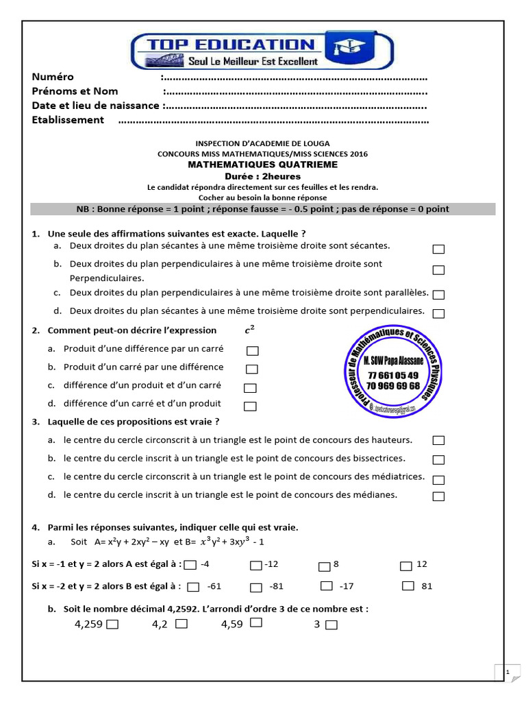 Miss Maths 4° 2016 Louga | PDF