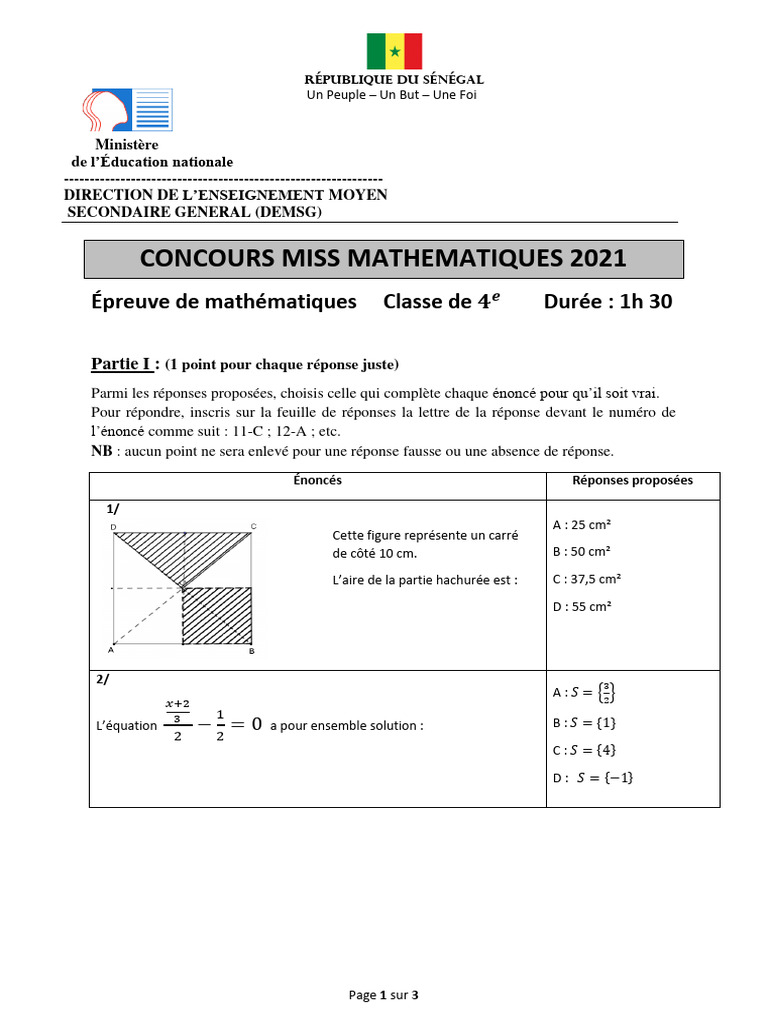 Concours Miss Mathématiques 2021 4ème | PDF | Méthodes et références ...
