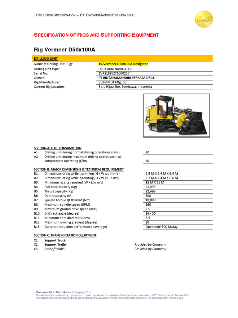 Vermeer D50x100a Specification | PDF