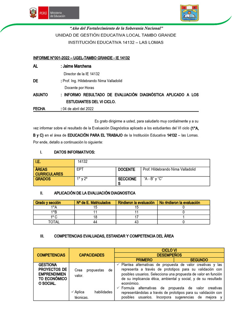 Informe de Evaluación Diagnóstica Ept 2022 | PDF