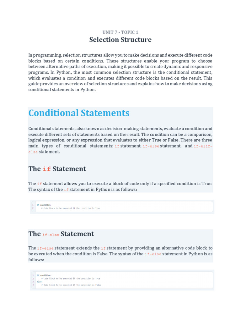 Unit 7 - Topic 1 - Selection Structure | PDF