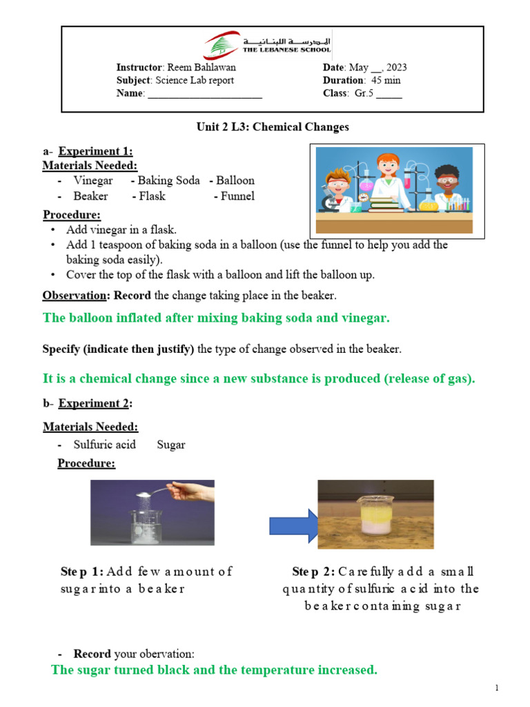Unit 2 L3 - Session 1 - Chemical Changes Lab Report-Answer Key | PDF ...