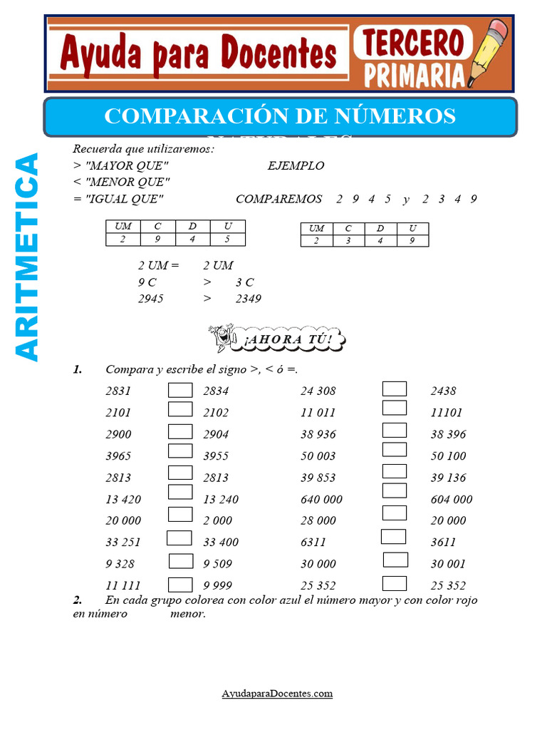 Fichas de Comparacion de Numeros Naturales para Tercero de Primaria | PDF Fichas de Comparacion de Numeros Naturales para Tercero de Primaria | PDF