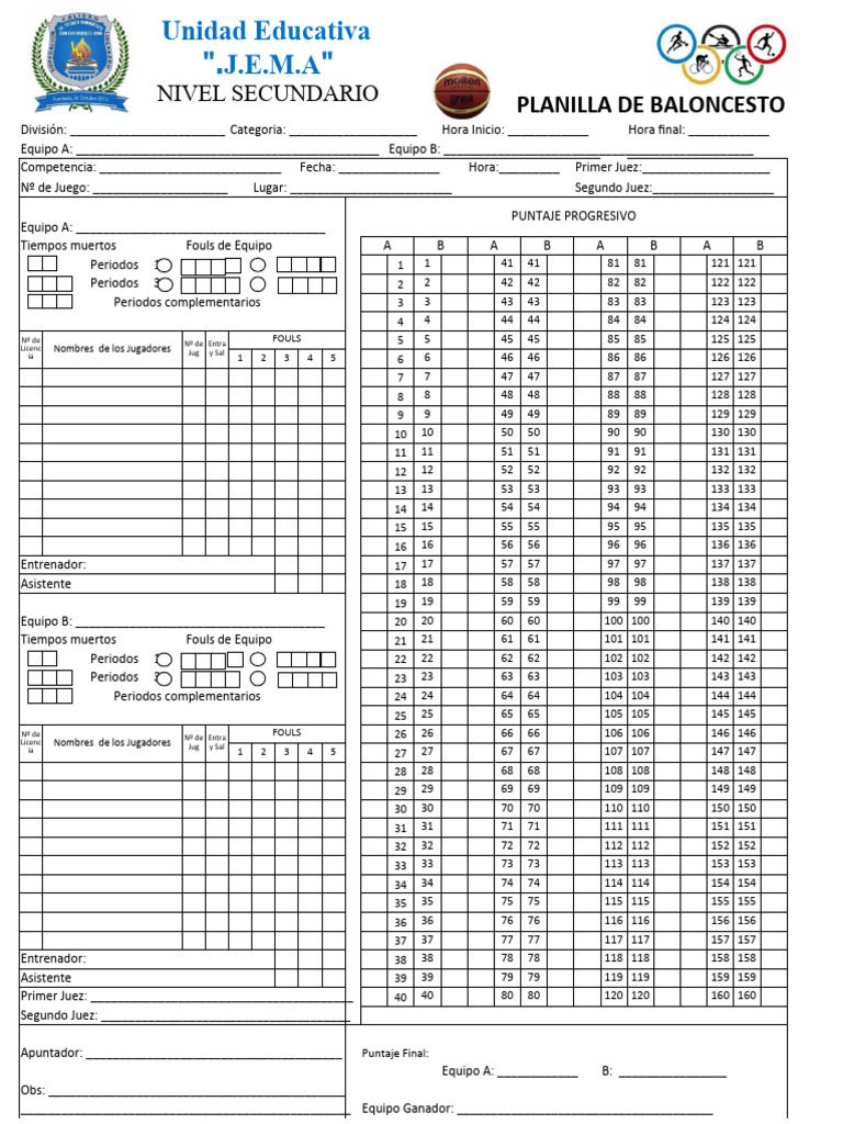 Planilla de Baloncesto JEMA Excel-1 | PDF