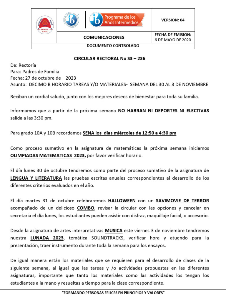Circular Rectoral No s3 - 236 Decimo B Horario Tareas Y-O Materiales - Semana Del 30 Al 3 de ...