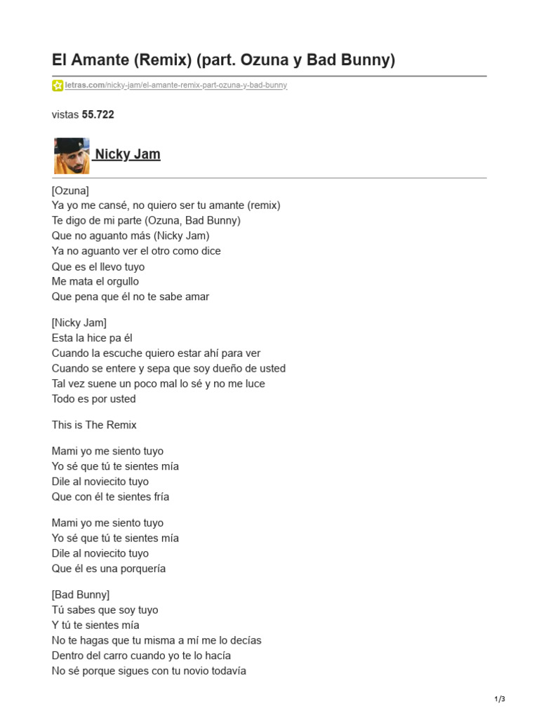 El Amante Remix Part Ozuna y Bad Bunny | PDF