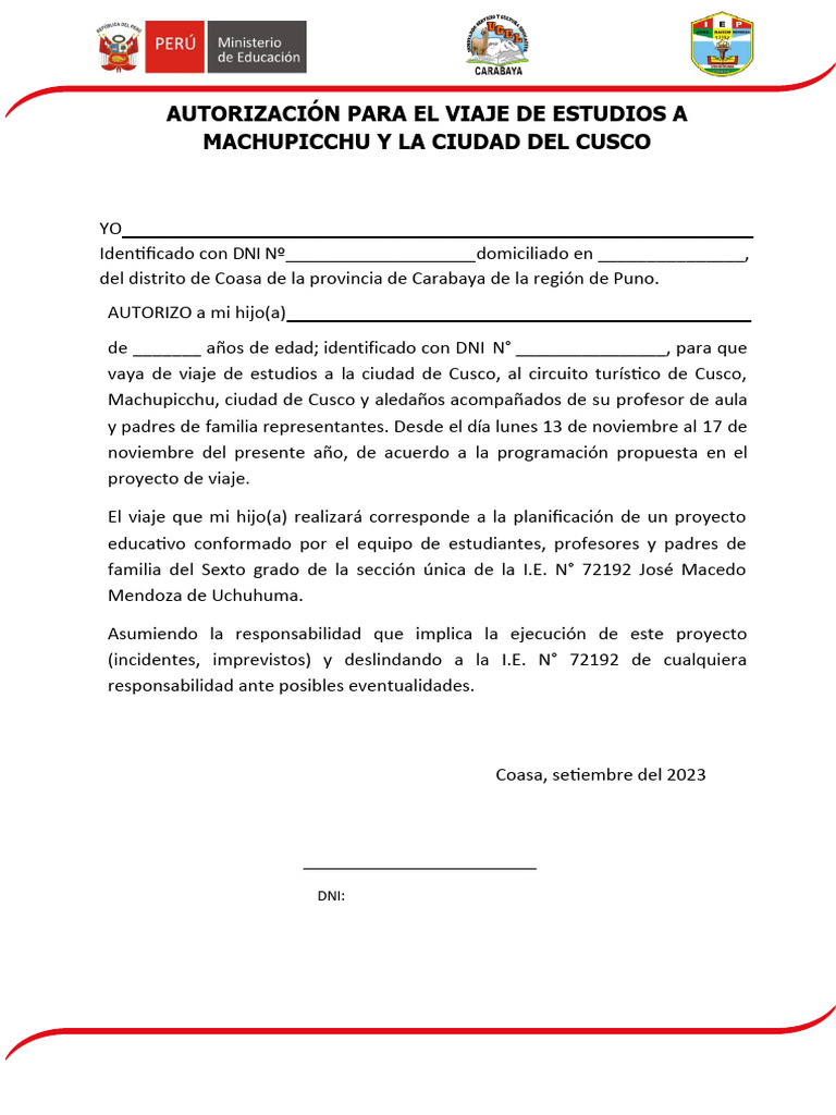 Autorizacion para Viaje de Estudios | PDF Autorizacion para Viaje de Estudios | PDF