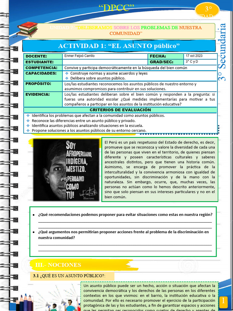 3° DPCC - Actv.01-Unid.7 2023 | PDF | Discriminación | Violencia