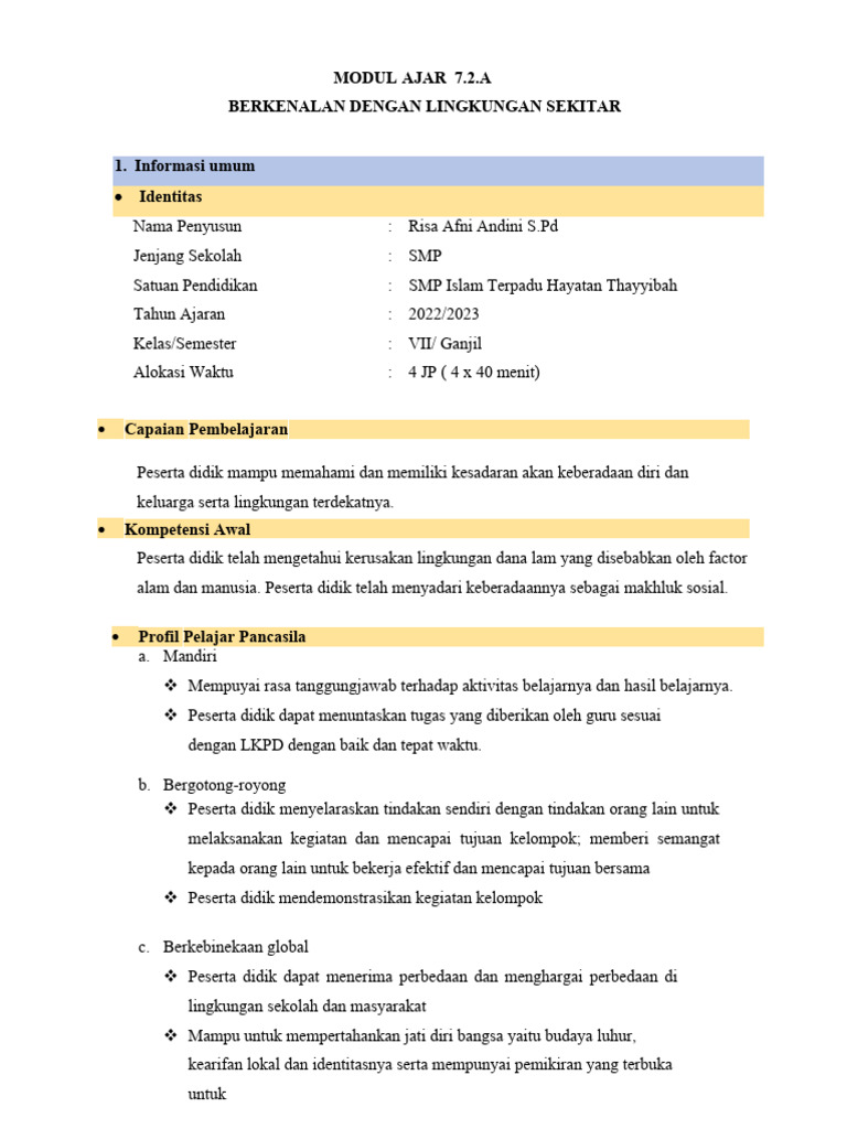 MODUL AJAR 7.2.A BERKENALAN DENGAN LINGKUNGAN SEKITAR. 1. Informasi ... MODUL AJAR 7.2.A BERKENALAN DENGAN LINGKUNGAN SEKITAR. 1. Informasi ...