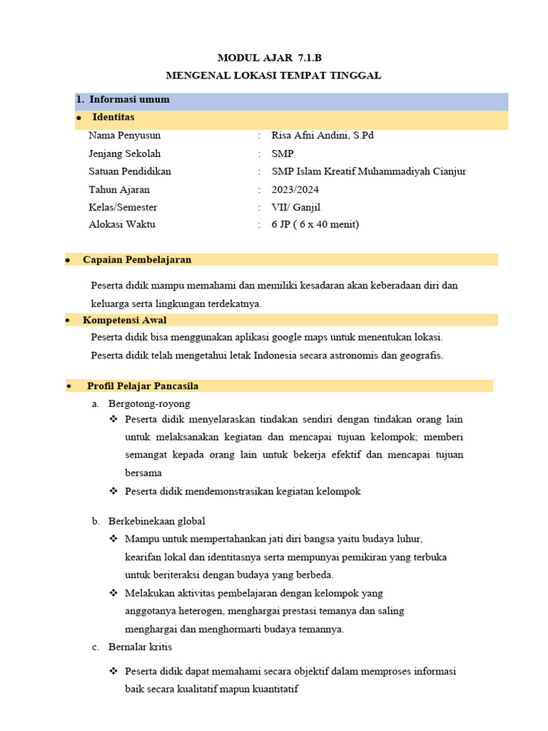 MODUL AJAR 7.1.B MENGENAL LOKASI TEMPAT TINGGAL. Identitas - Diana ...