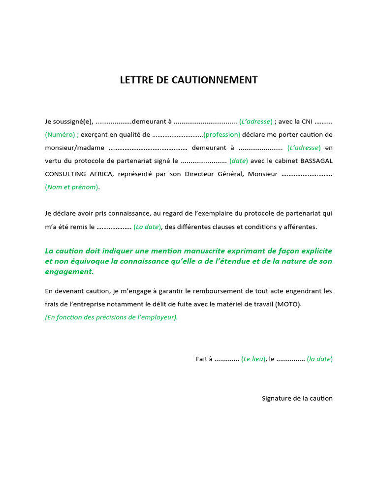 Modele de Lettre de Cautionnement | PDF