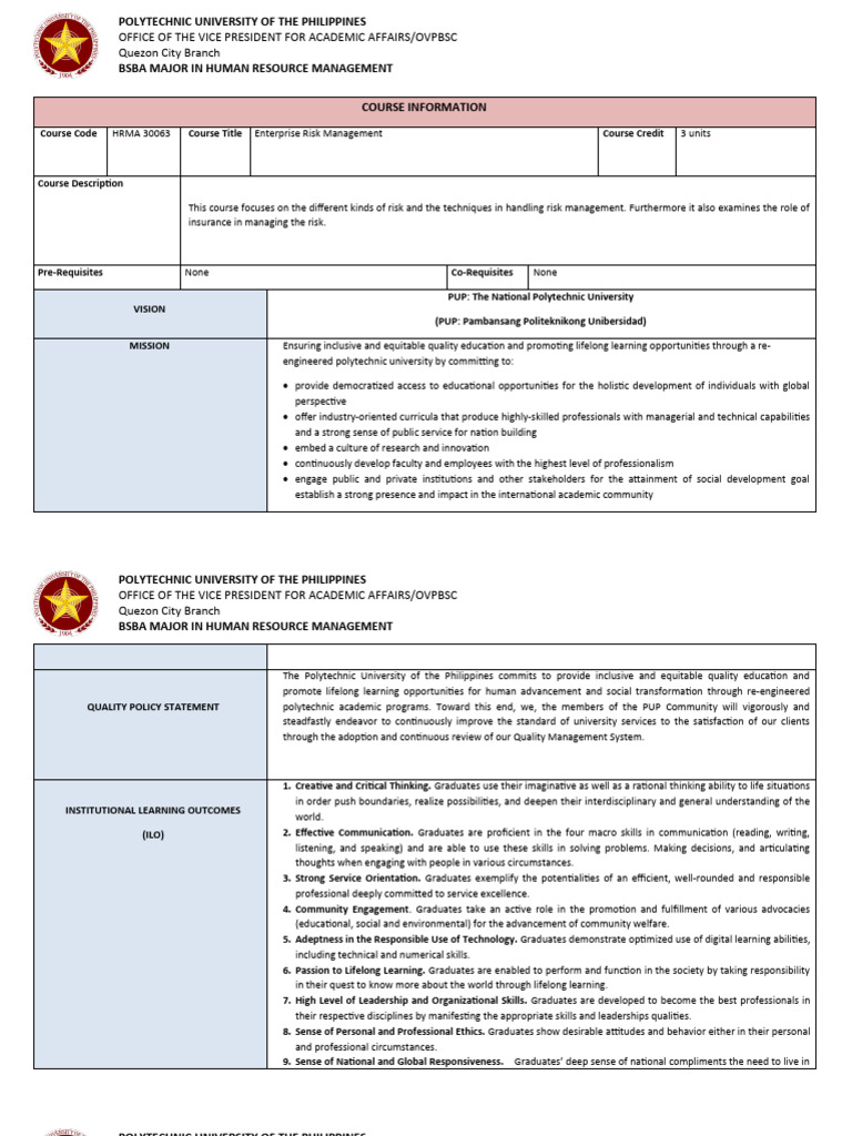 2023 OBE Syllabus - Enterprise Risk Management | PDF