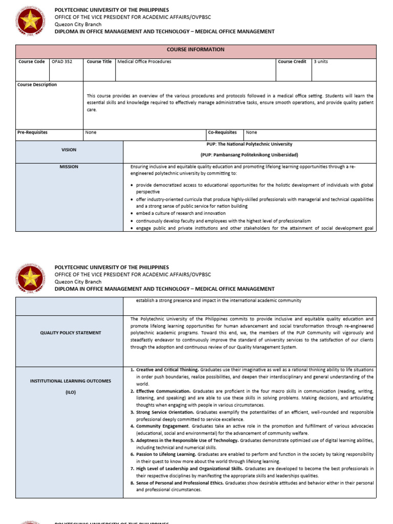 2023 OBE Syllabus - Medical Office Procedures | PDF