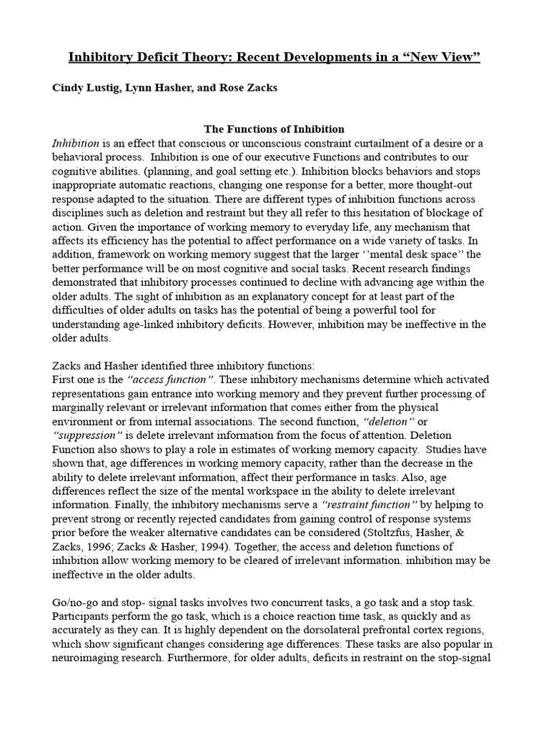 Inhibitory Deficit Theory Recent Developments in A New View Cindy ... Inhibitory Deficit Theory Recent Developments in A New View Cindy ...