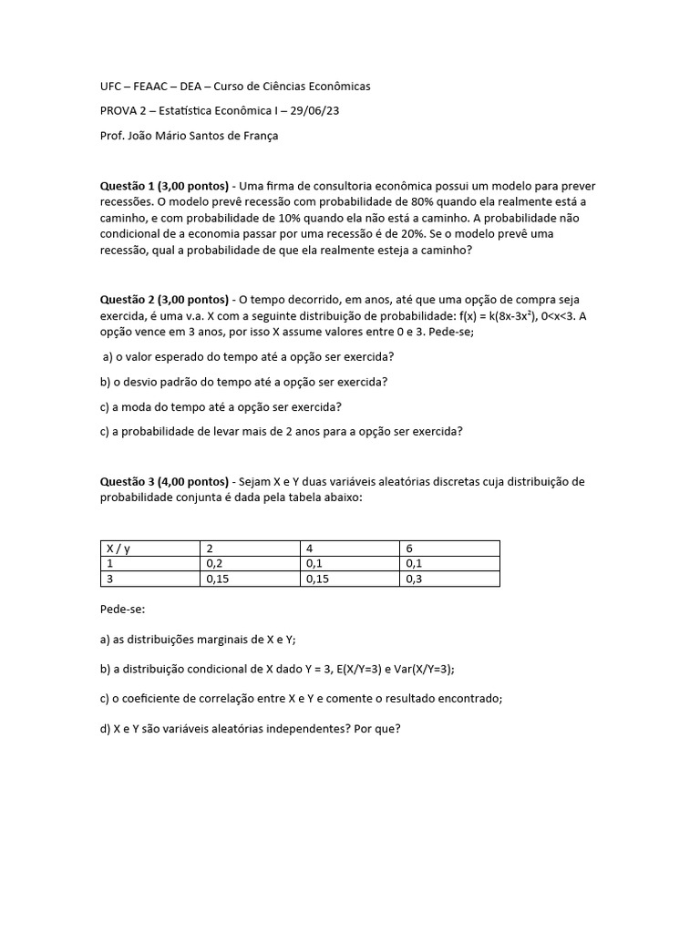 Estatística I: Variáveis Aleatórias Discretas e Contínuas EXERCÍCIOS | PDF