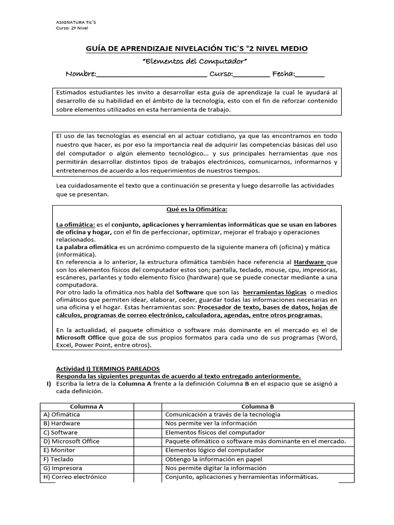 Guia 1 Tics | PDF | Hardware de la computadora | Sistema operativo