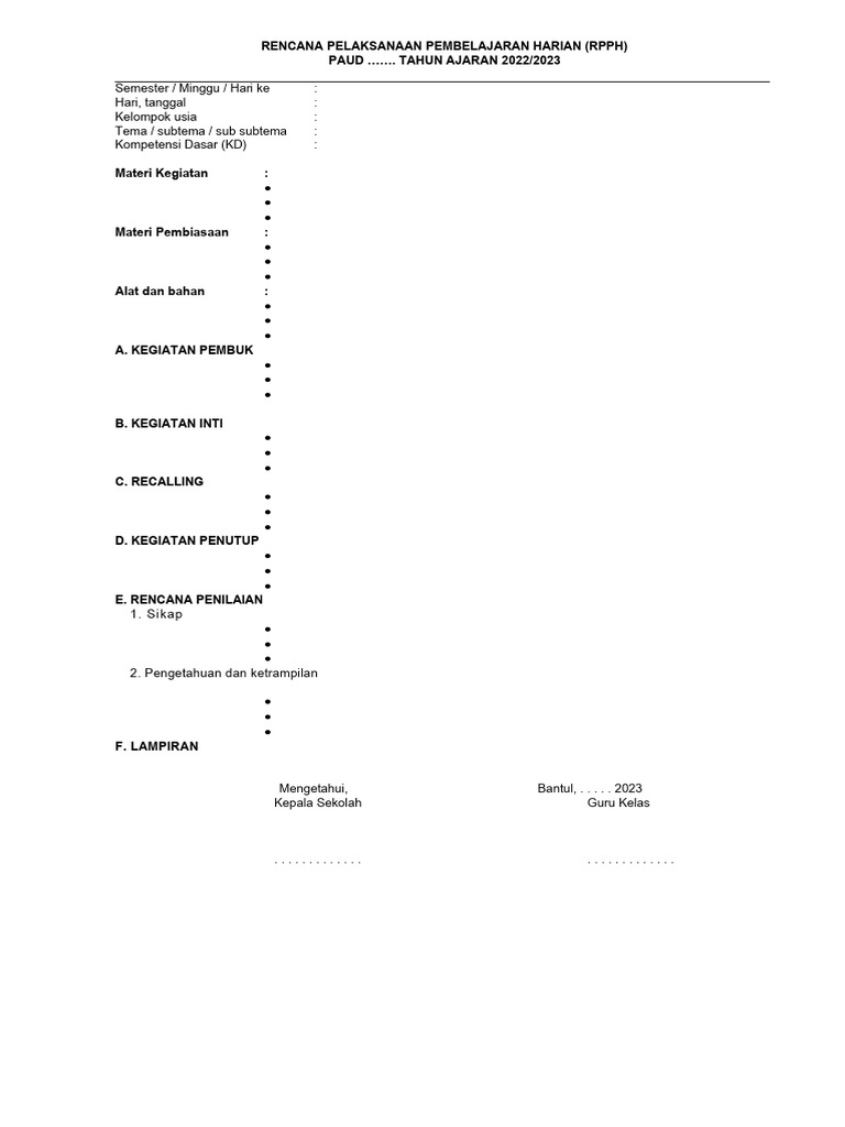 Contoh Form RPPH Paud | PDF