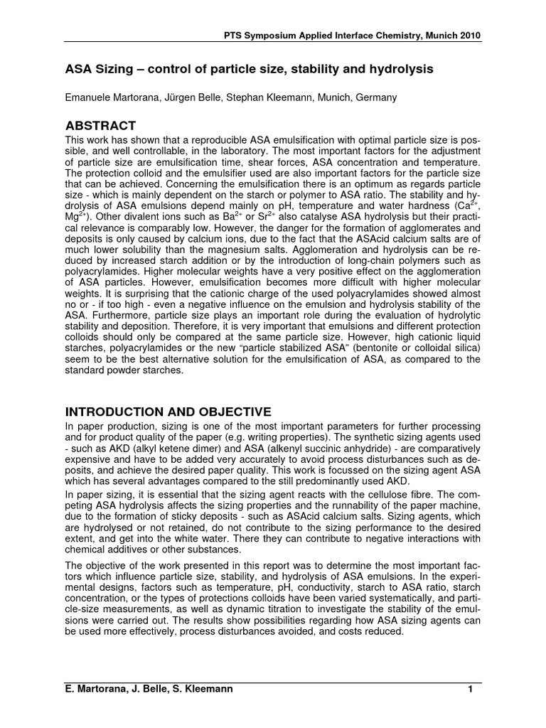 ASA Sizing - Control of Particle Size, Stability and Hydrolysis | PDF ...