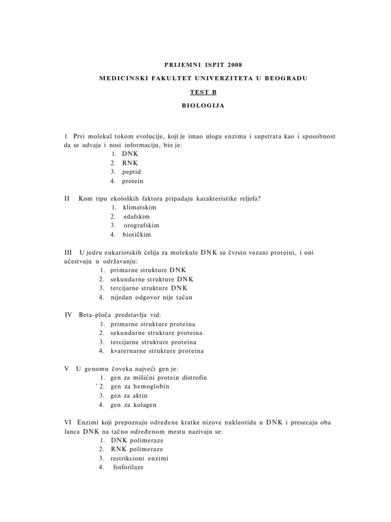 Prijemni Ispit 2009 Biologija MEDICINSKI FAKULTET | PDF