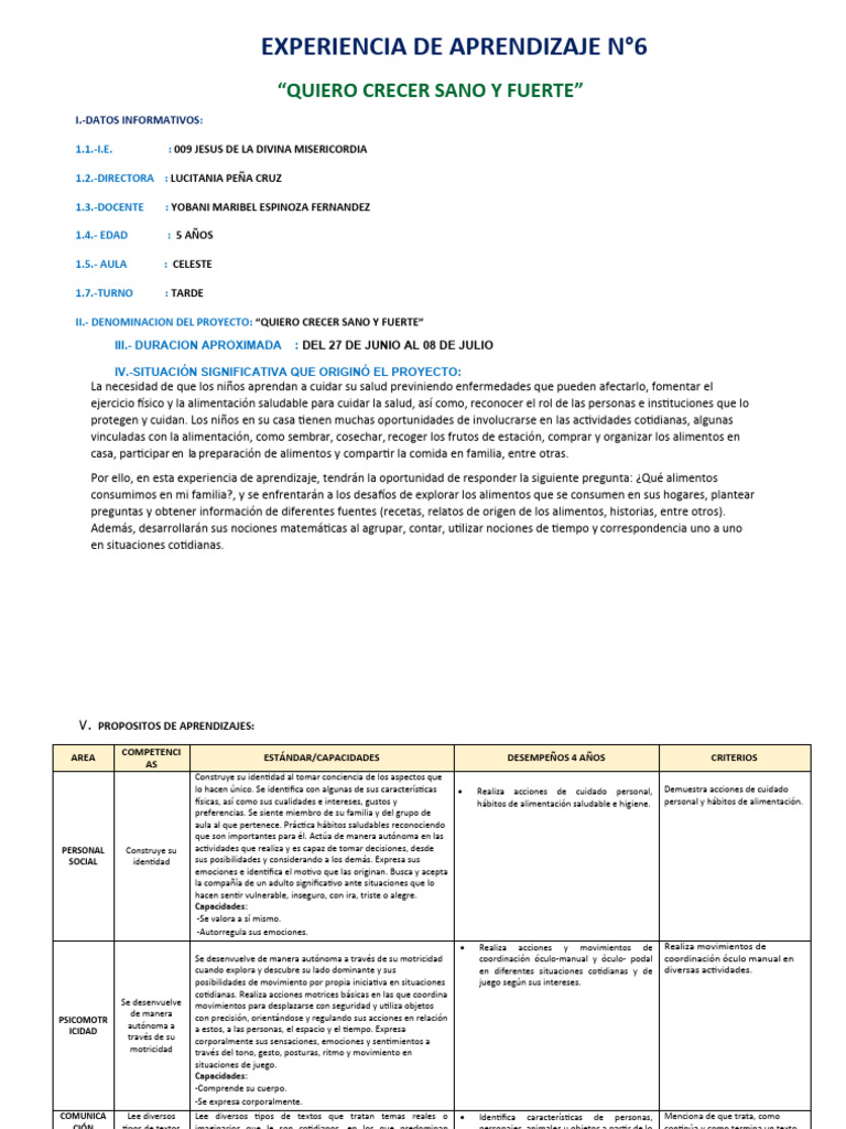 Vi. - Experiencia de Aprendizaje #6 Quiero Crecer Fuerte y Sano | PDF