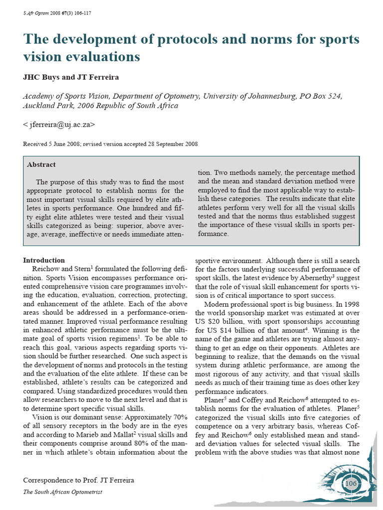 The Development Of Protocols And Norms For Sports Vision Evaluations