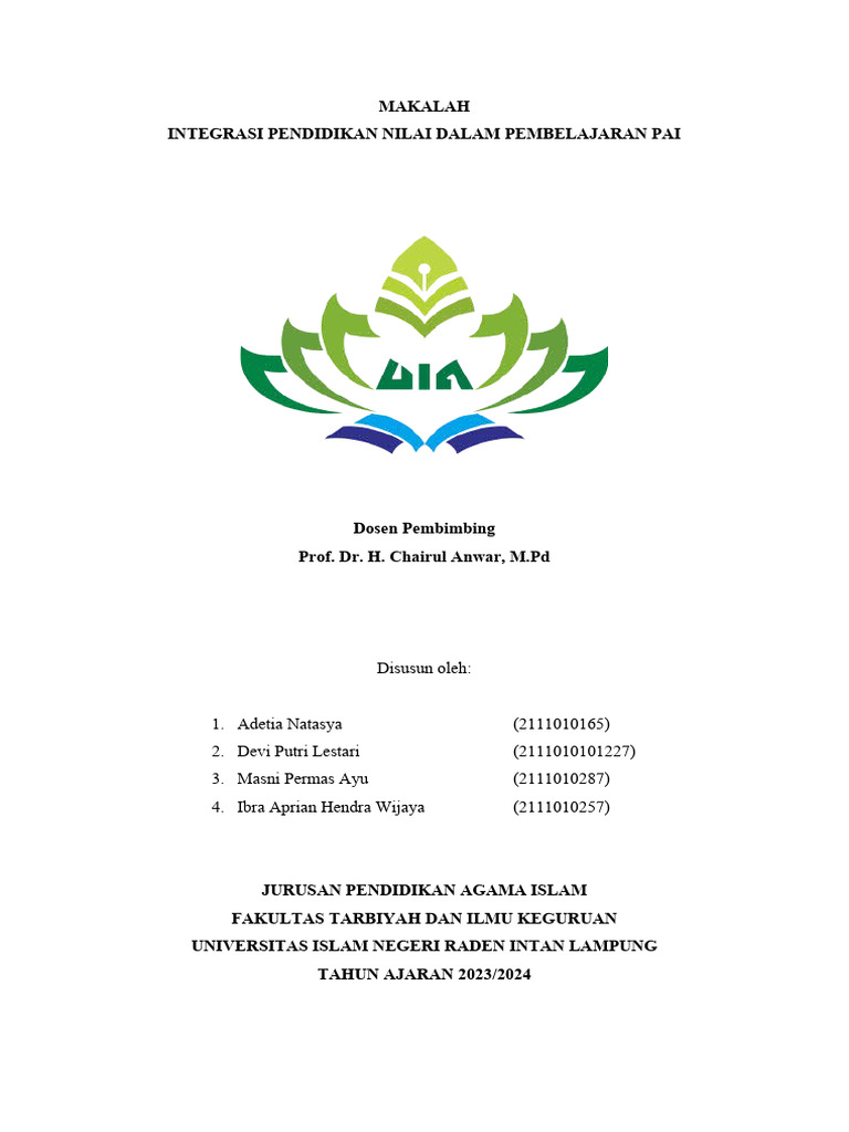 Makalah Integrasi Pendiidkan Nilai Dalam Pembelajaran Pai | PDF