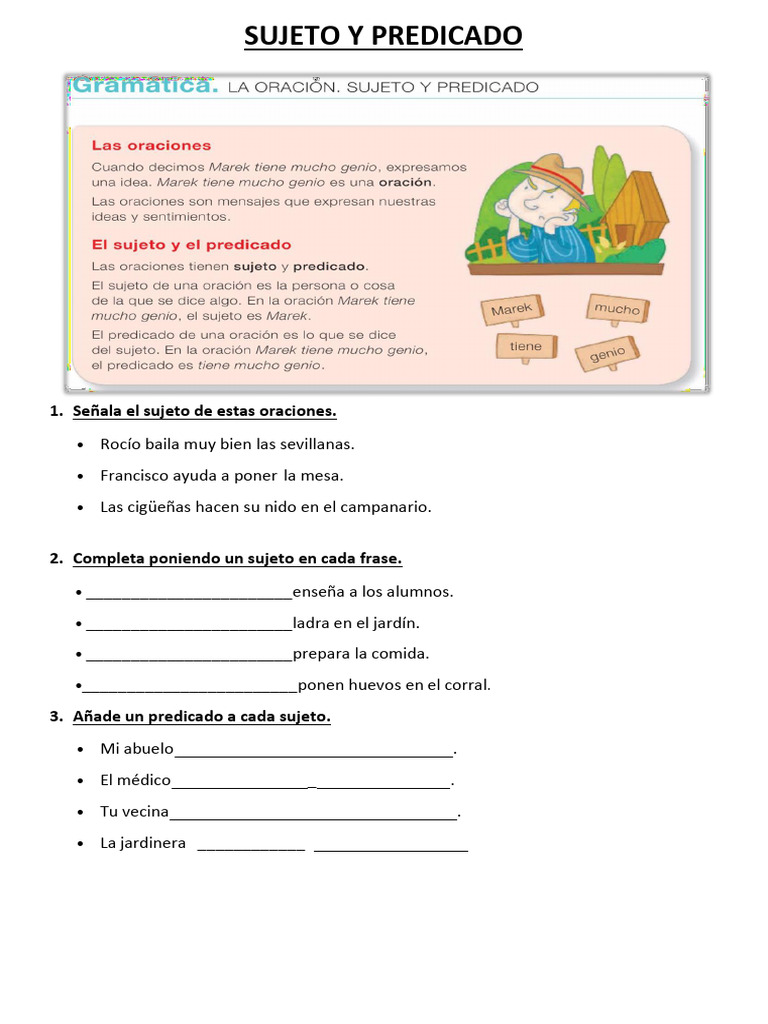 Ejercicios de Sujeto y Predicado para Primaria | PDF | Predicado ...