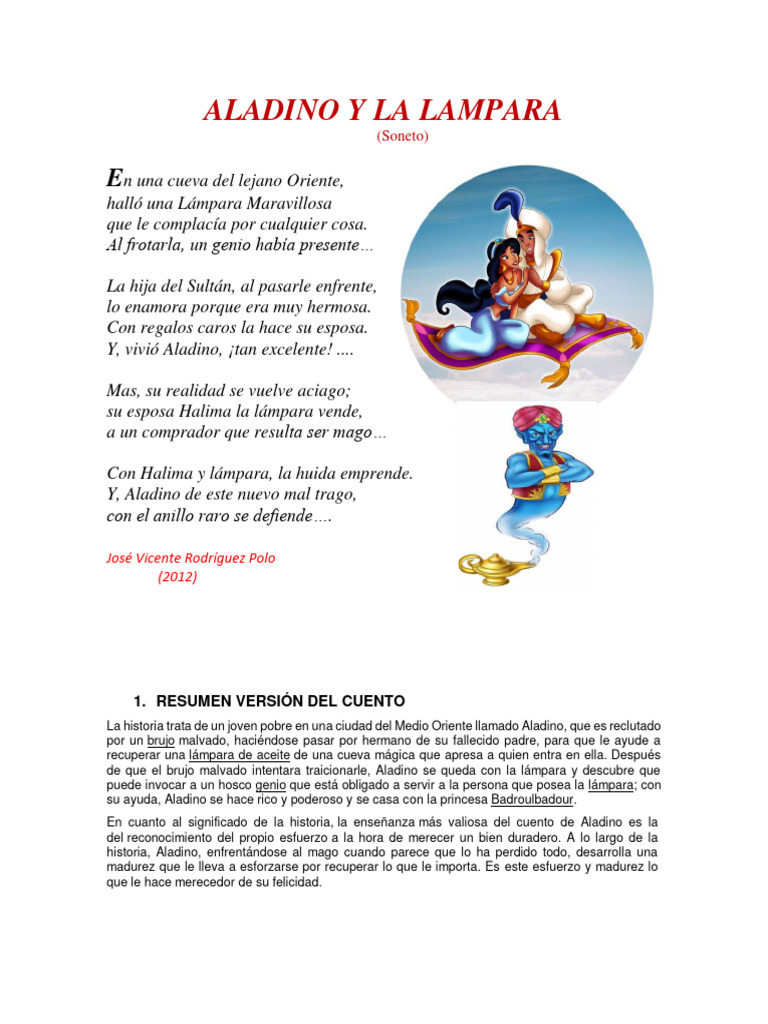 Resumen de Aladino y la lámpara | PDF | Libros para adolescentes ...