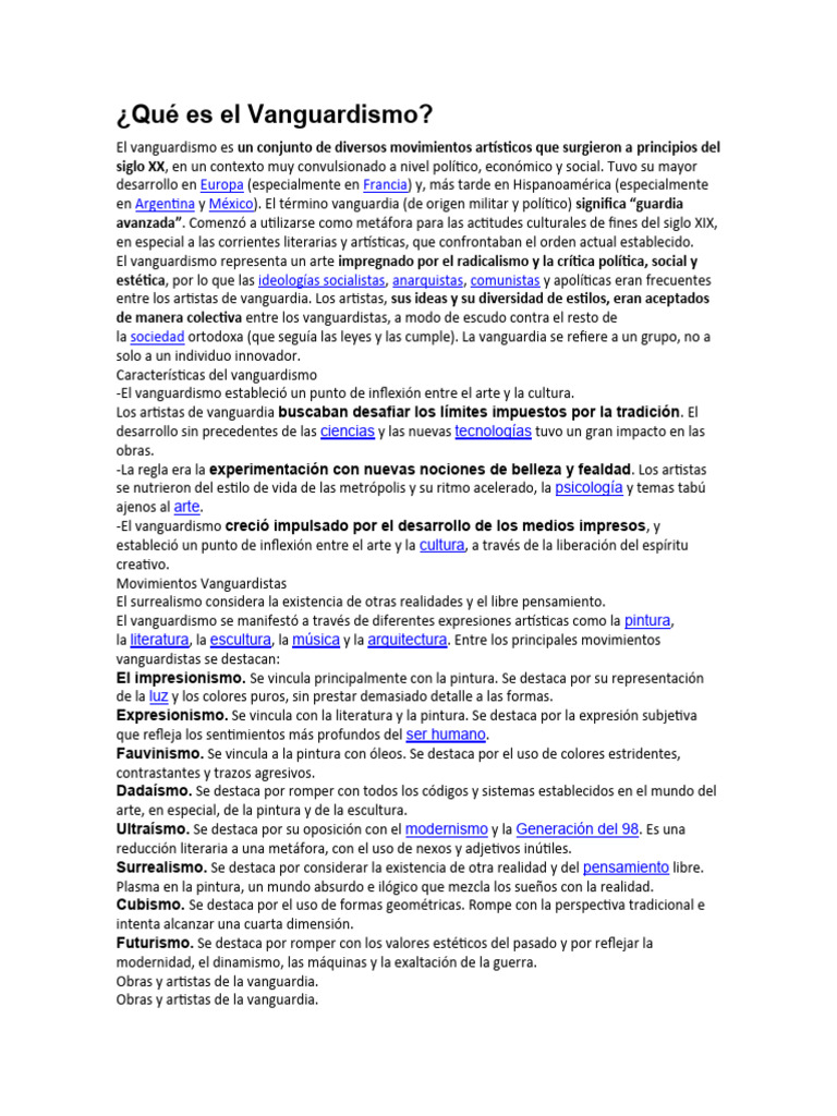 Definición y características del Vanguardismo | PDF | Vanguardia ...