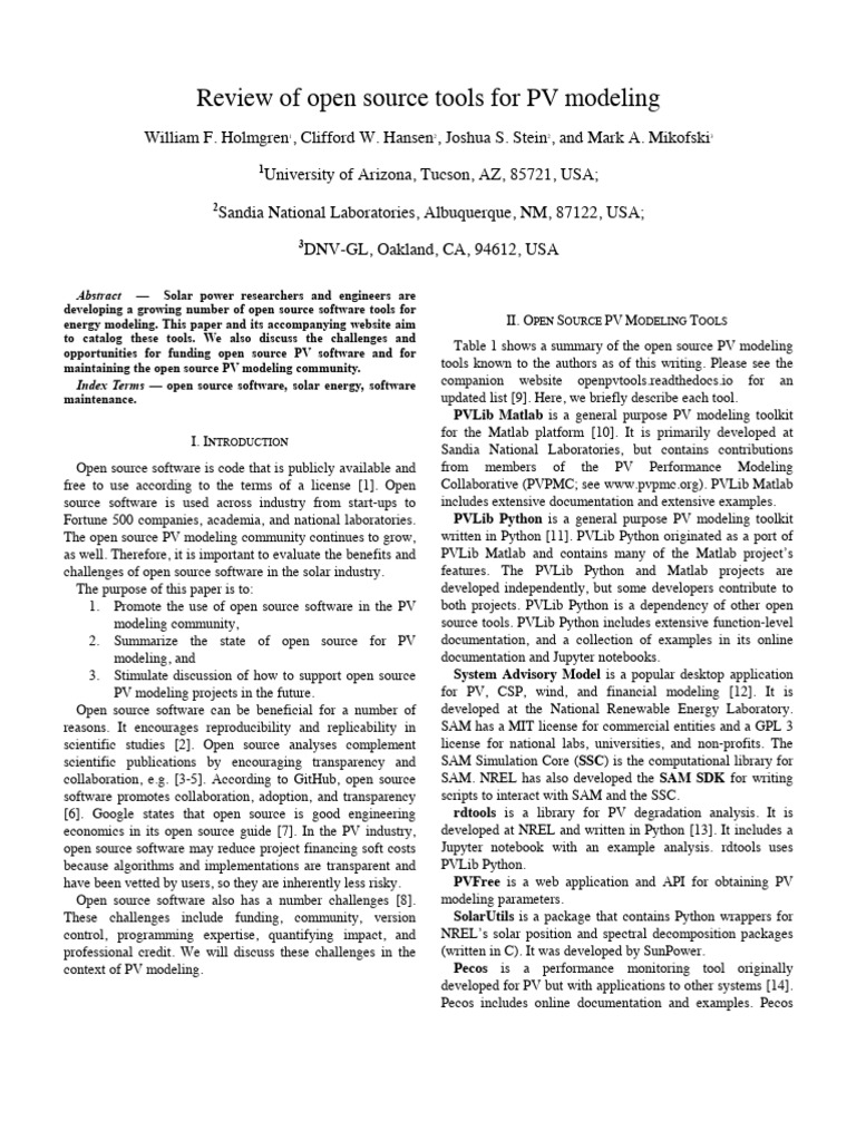 Hol18 Review Of Open Source Tools For Pv Modeling Pdf Open Source 7239