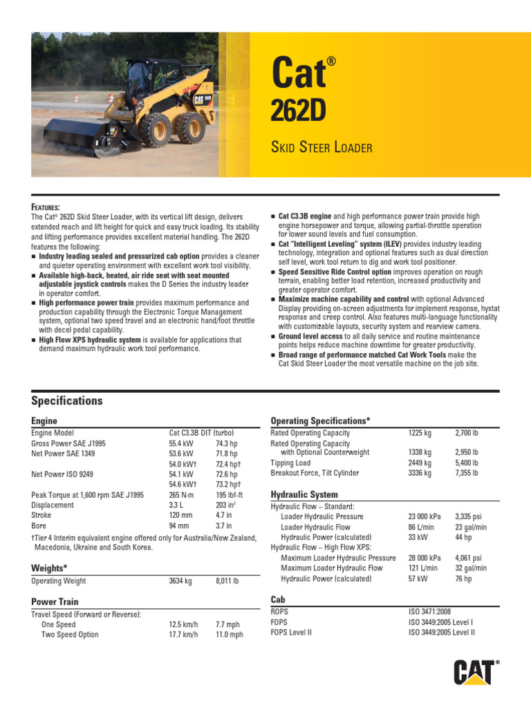 Cat 262d Specs | PDF | Horsepower | Elevator