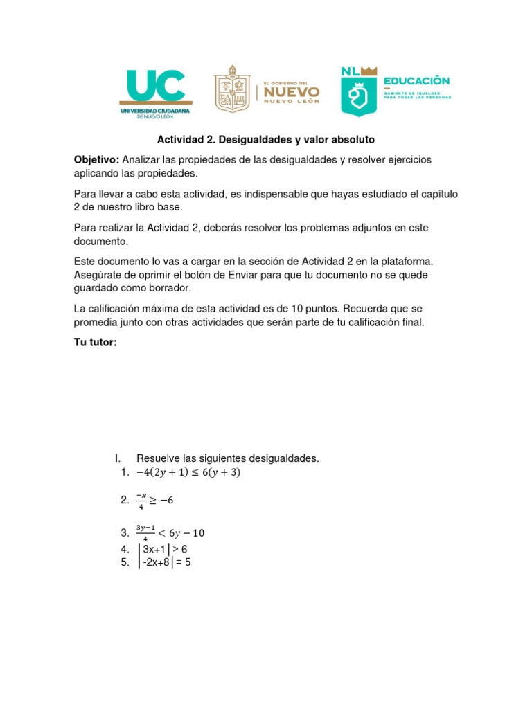 UC Actividad 2 Desigualdades y Valor Absoluto | PDF