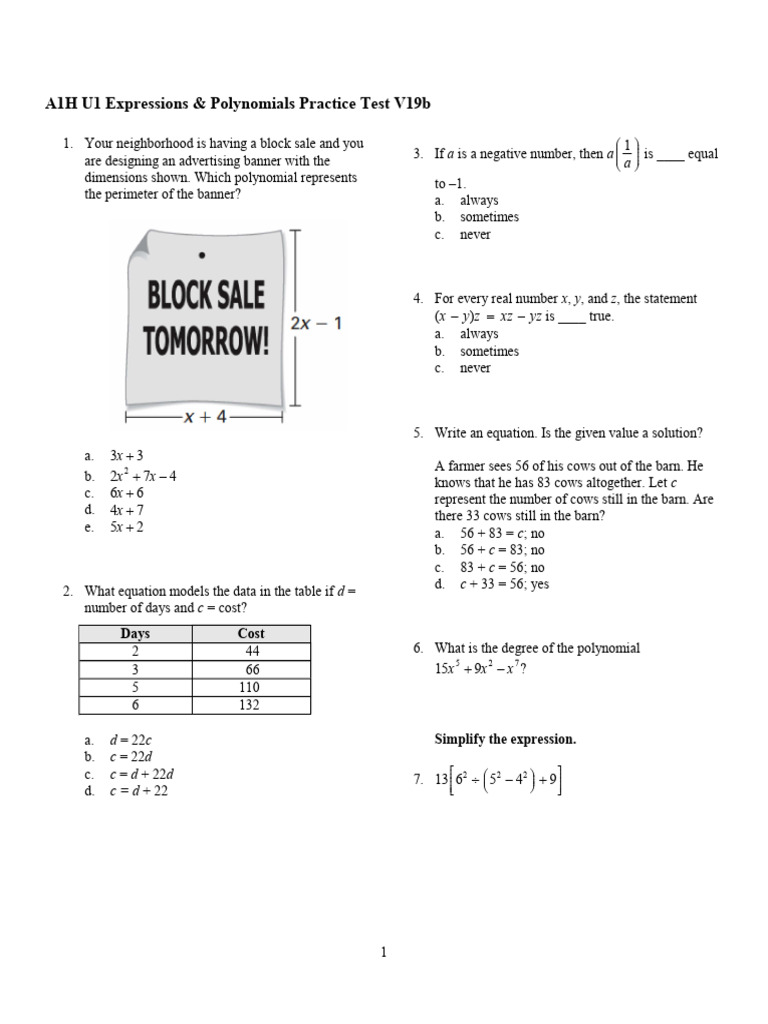 Expressions & Polynomials Practice Test | PDF | Mathematics Of ...