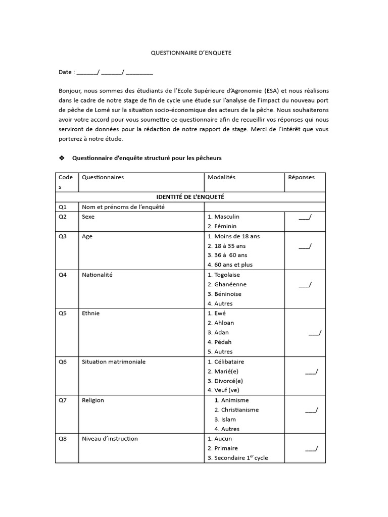 Questionnaire sur l'impact du port de pêche | PDF | Loisirs | Économie