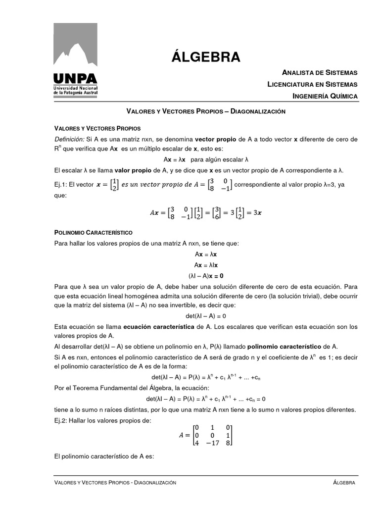 01 Valores y Vectores Propios Diagonalizacion | PDF | Valores propios y vectores propios ...