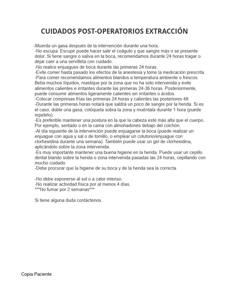 Cuidados Post-Operatorios Extracción | PDF | Agua | Especialidades Medicas