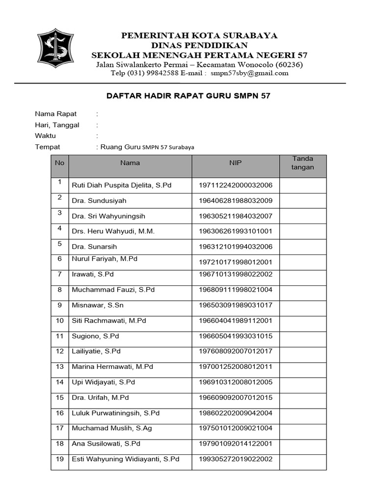 Daftar Hadir Rapat Guru SMPN 57 | PDF